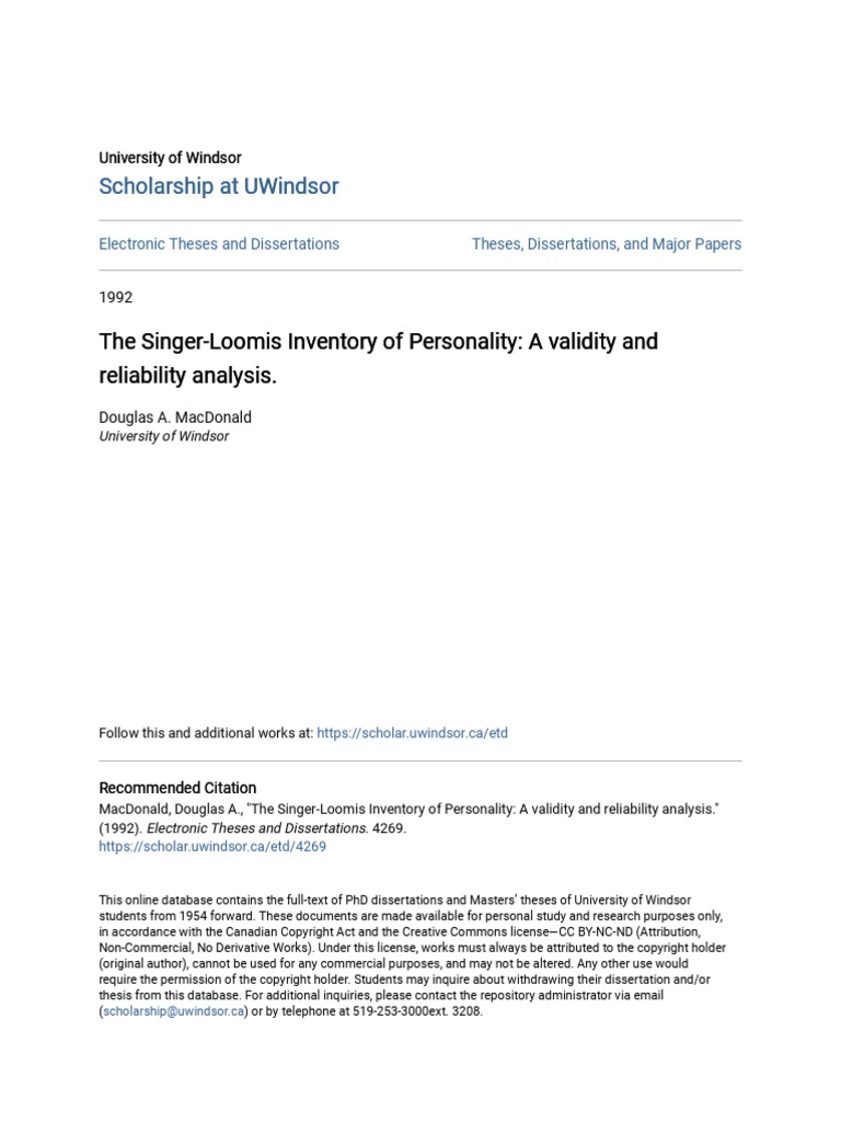The Singer-Loomis Inventory of Personality - A Validity and Reliab | PDF