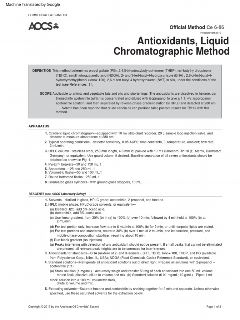 AOCS Ce6 - 86 (HPLC-Antioksidan Level) - 1 | PDF | Solvent | Chlorine