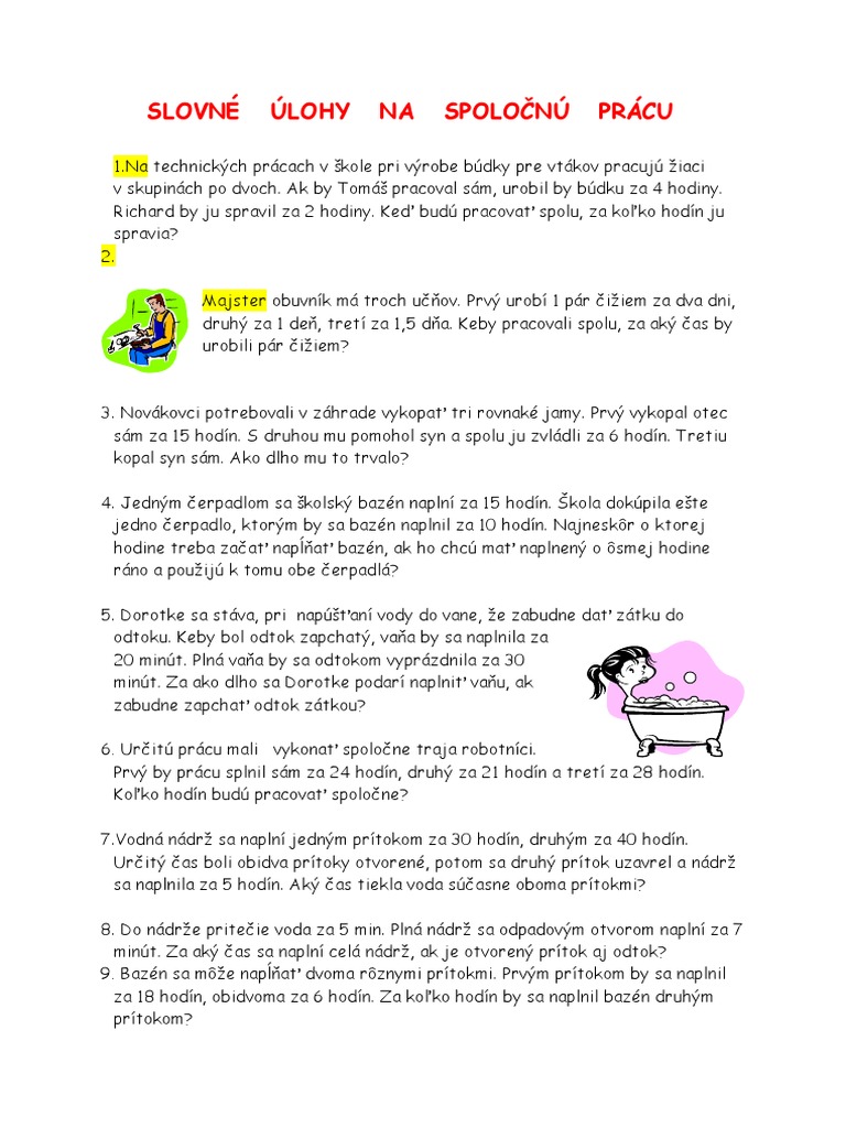 Slovne Úlohy Na Spoločnú Prácu 8., 9. Roč | PDF