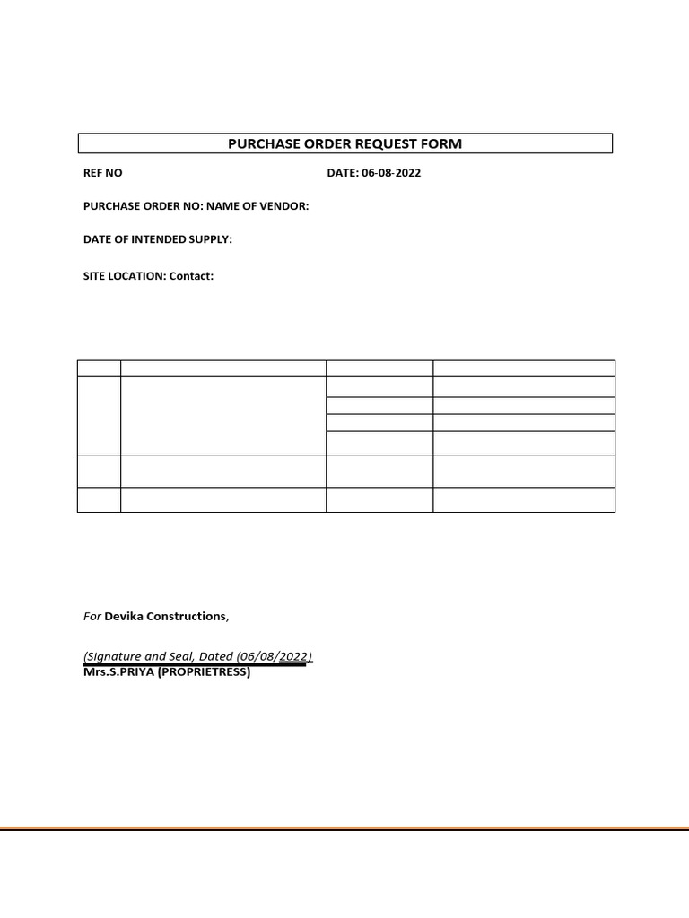 Streamlining Procurement: A Purchase Order Request Form for Devika Constructions | PDF