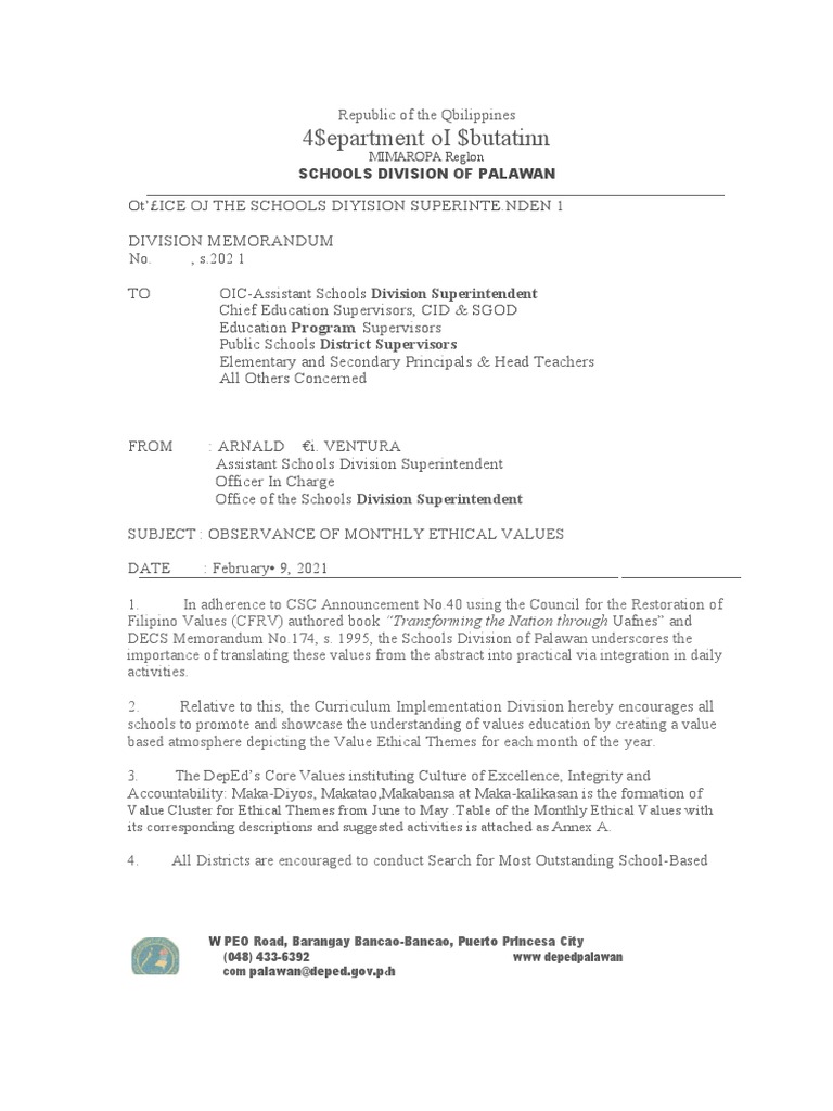 Monthly Ethical Values Implementation | PDF | Integrity | Value (Ethics)