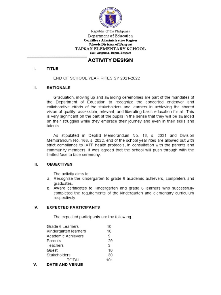 End of School Year Rites Sy 2021-2022 - Activity Design | PDF ...