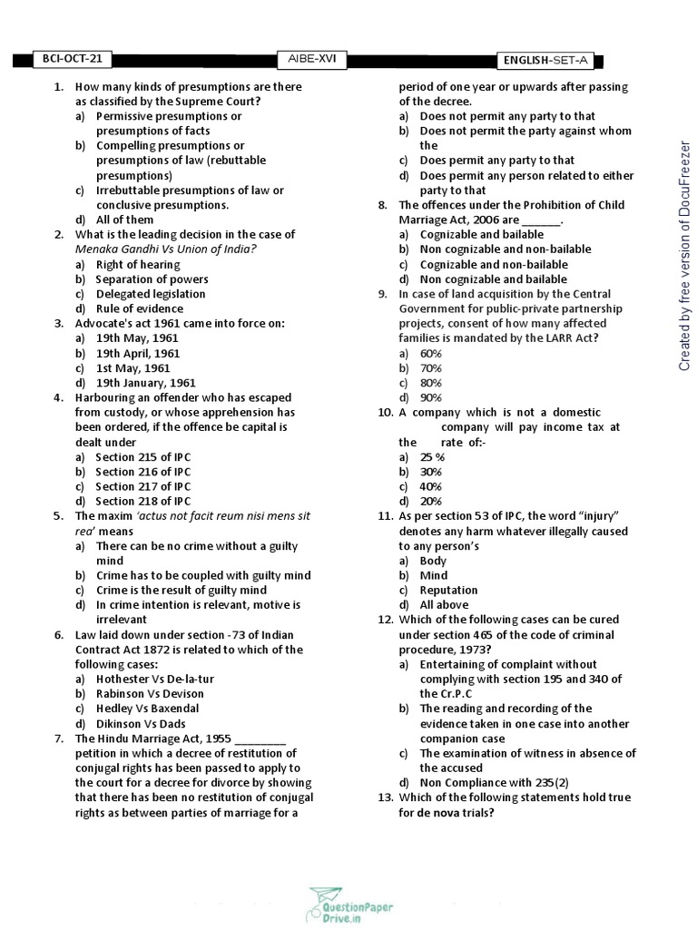 AIBE 16 Set A Question Paper Questionpaperdrive | PDF | Mens Rea ...