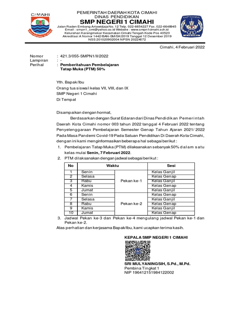Surat Pemberitahuan PTM 50% | PDF