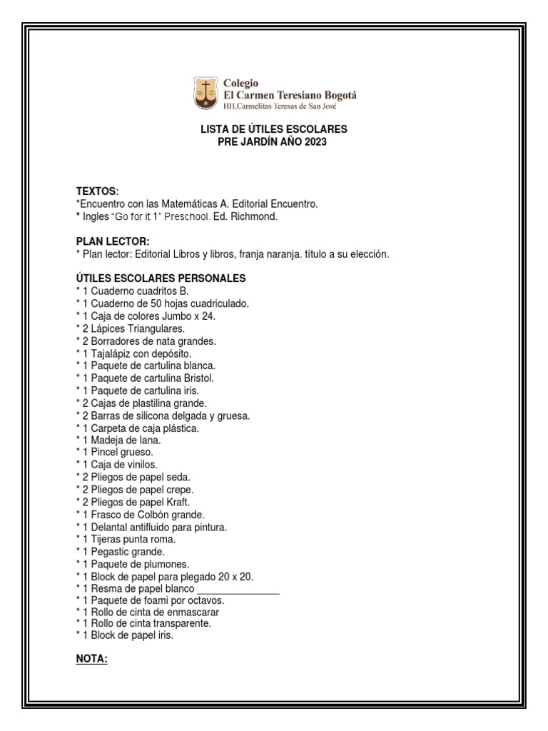 Listas Útiles Prejardin 2023 | PDF | Arte