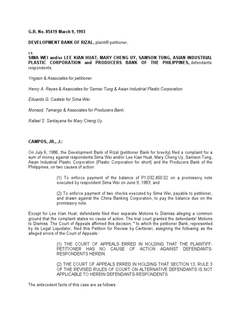 DBP of Rizal vs. Sima Wei | PDF | Negotiable Instrument | Banks