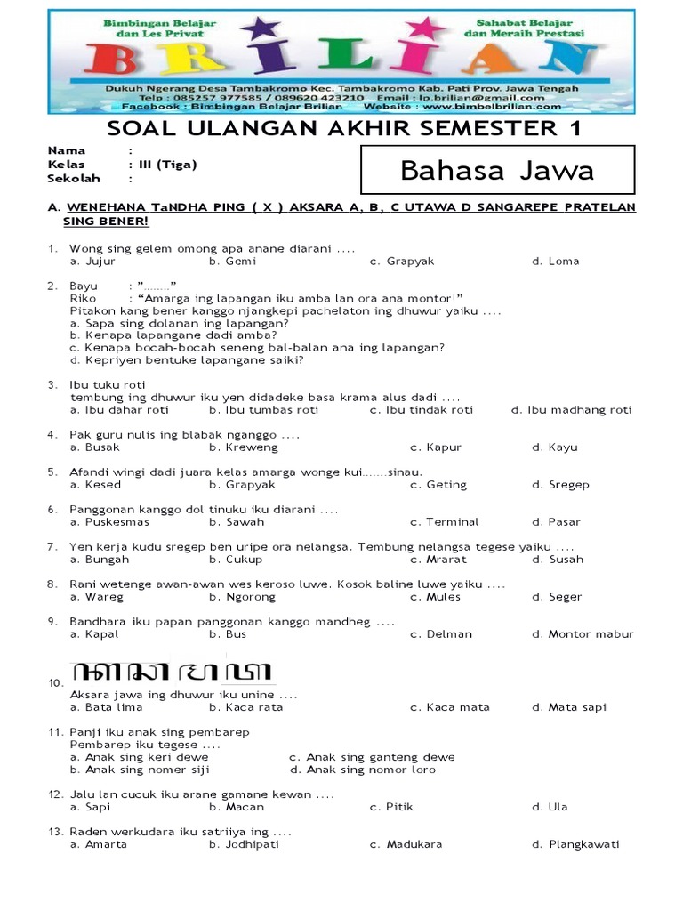 Soal UAS Bahasa Jawa Kelas 3 SD Semester 1 (Ganjil) Dan Kunci Jawabannya | PDF
