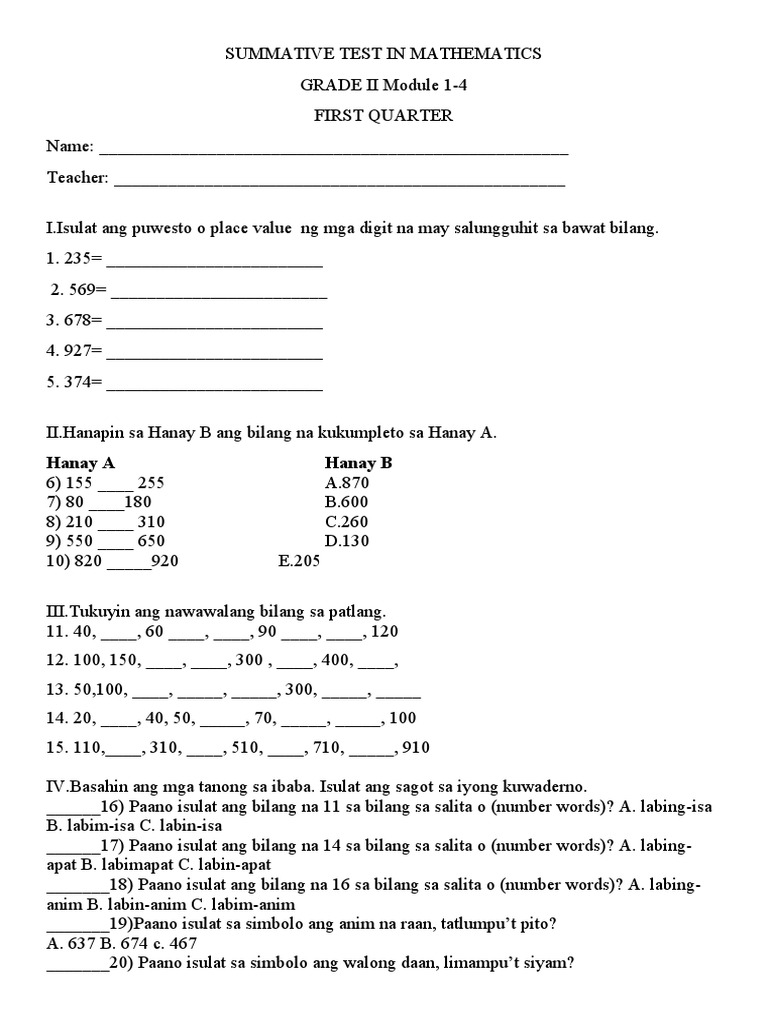 Summative Test in Mathematics 2 | PDF