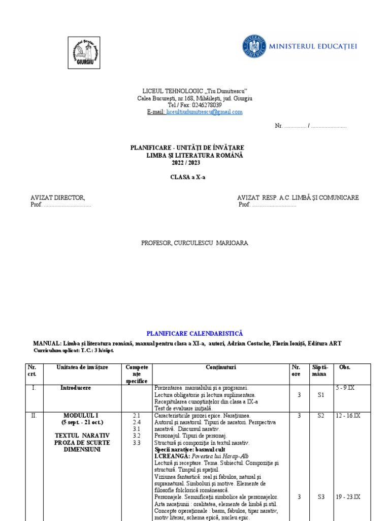 Planificare LLR X 2023 | PDF