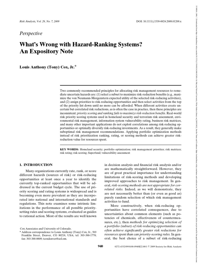 Risk Analysis - 2009 - Cox JR - What S Wrong With Hazard Ranking Systems An Expository Note ...