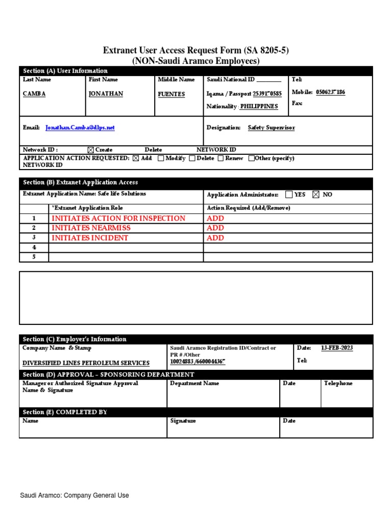 Extranet User Access Request Form (SA 8205-5) | PDF