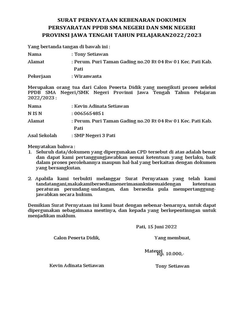 Surat Pernyataan PPDB Jateng 2022 | PDF | Pengelolaan Keuangan & Uang | Kesehatan Holistik