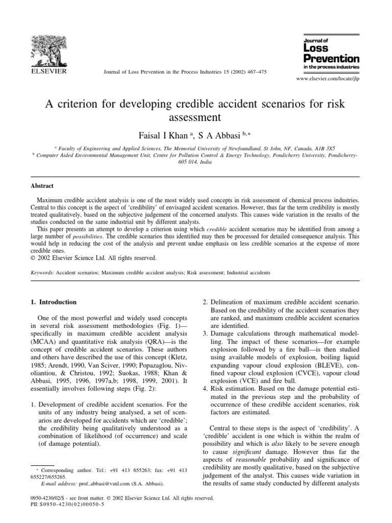 A Criterion For Developing Credible Accident Scenarios For Risk ...