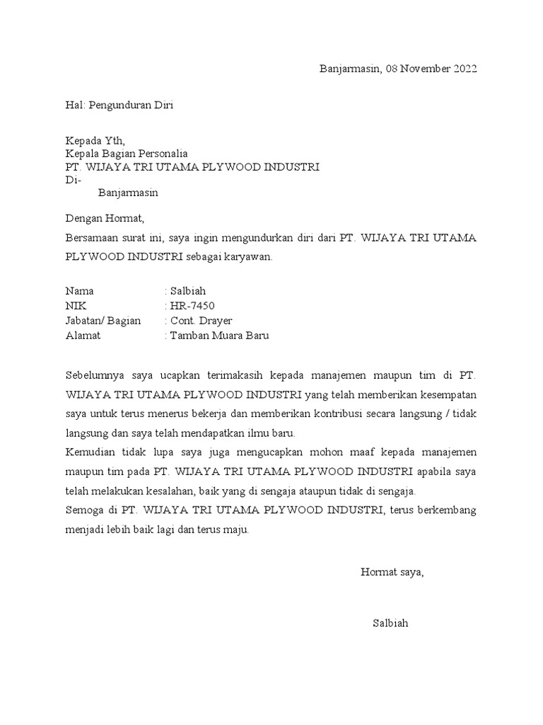 Surat Pengunduran Diri Dari Pekerjaan | PDF