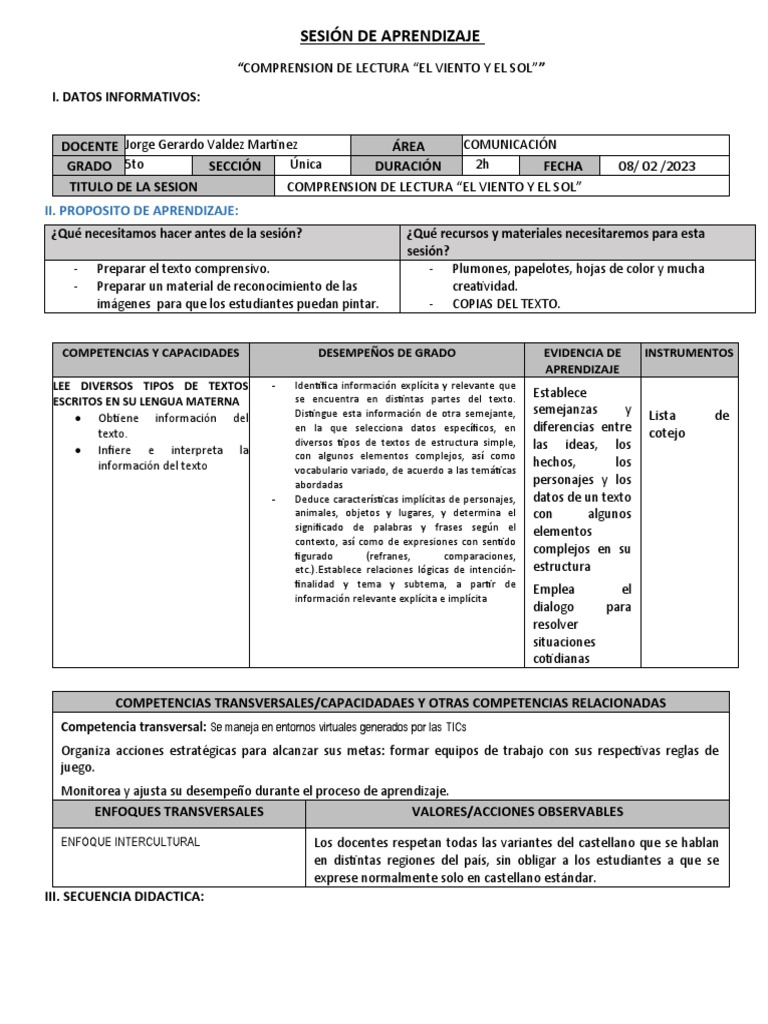 SESIÓN DE APRENDIZAJE Comprension LECTORA | PDF | Aprendizaje | Comprensión lectora