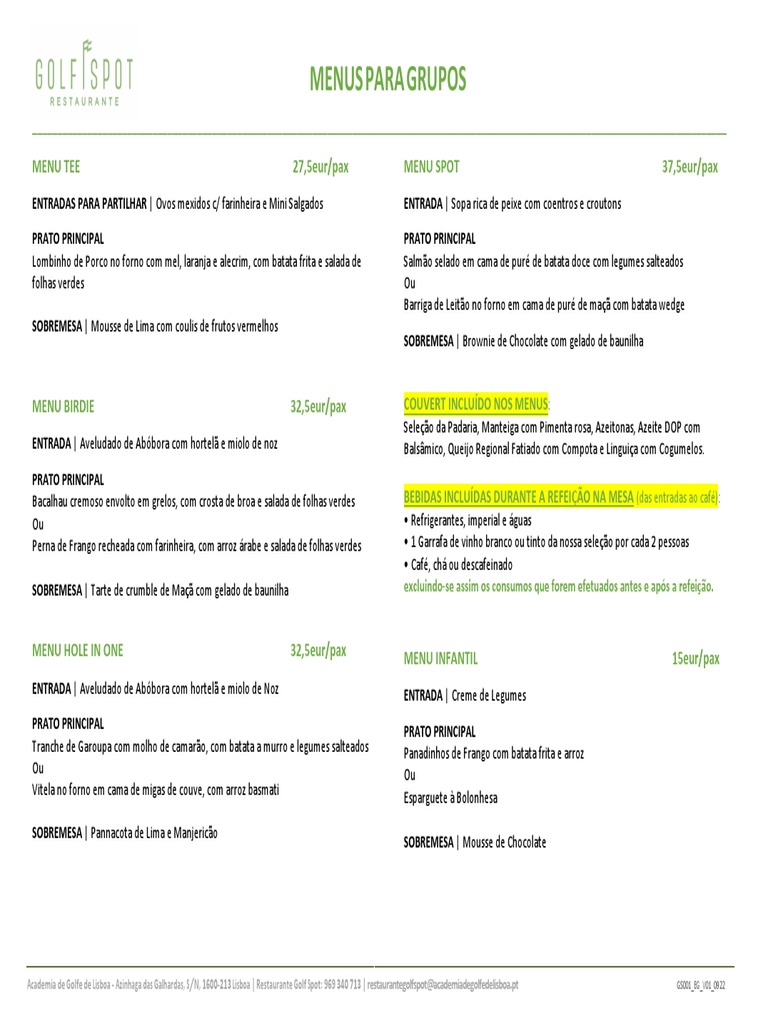 Menus de Grupo - Golf Spot Restaurante - EG - V01 - 0922 | PDF ...
