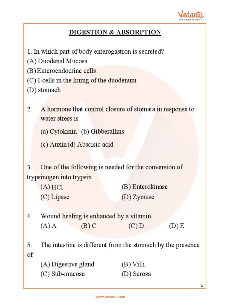 NEET Important Questions For Biology Chapter - Digestion and Absorption11 | Download Free PDF ...
