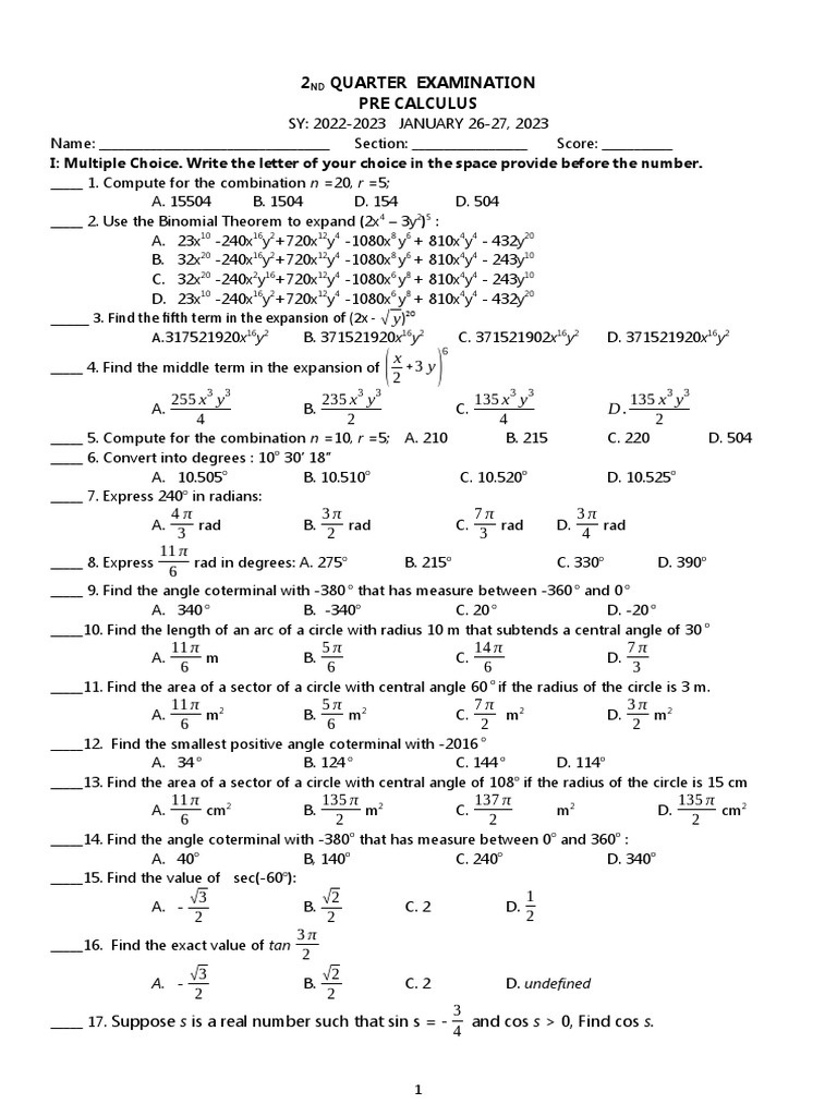 2nd Quarter Exam PreCal | PDF | Mathematics | Elementary Mathematics