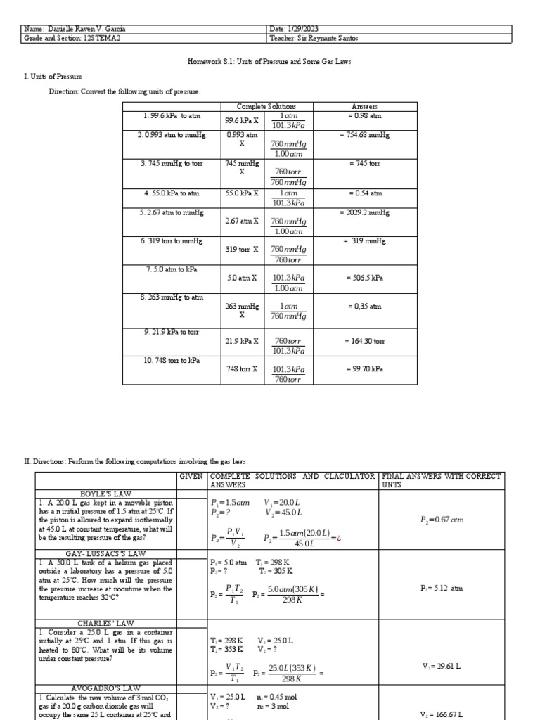 Homework 8.1 Units of Pressure and Some Gas Laws | PDF