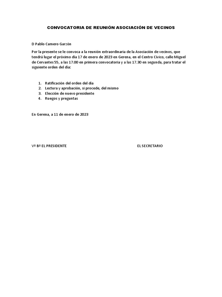 Convocatoria de Reunión Asociación de Vecinos | PDF Convocatoria de Reunión Asociación de Vecinos | PDF