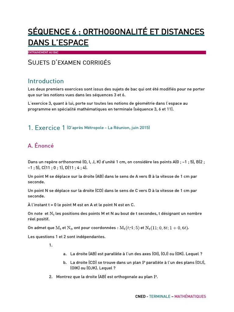 Séquence 6: Orthogonalité Et Distances Dans L'Espace: Ujets D Examen ...
