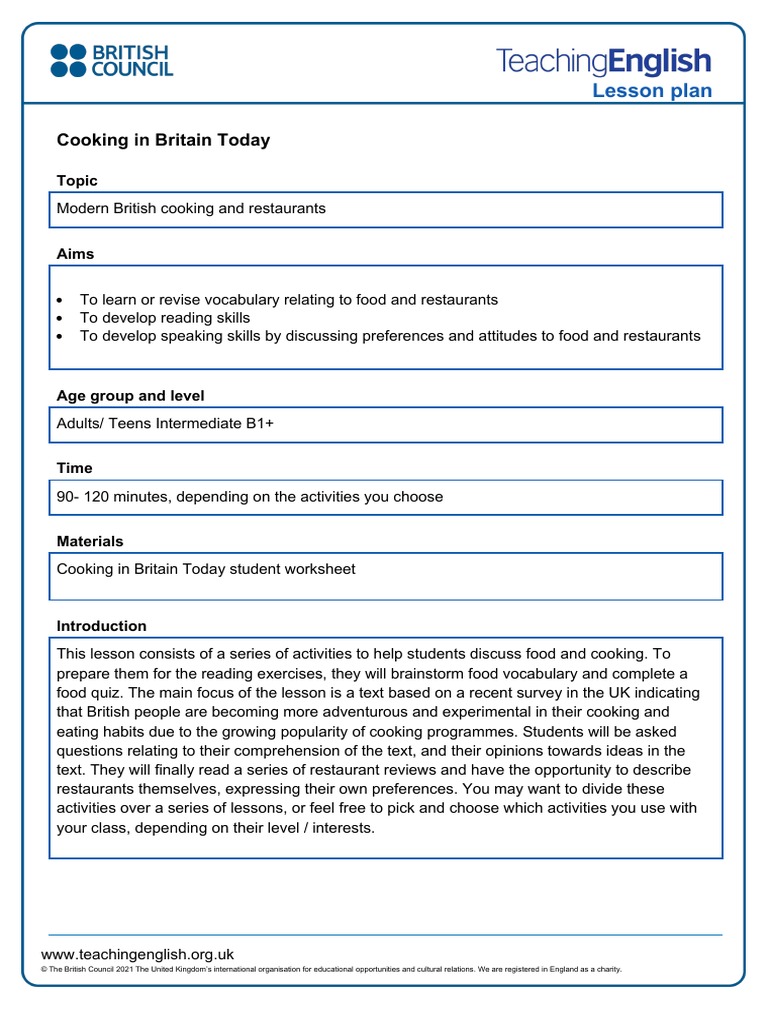 Cooking in Britain Today Lesson Plan | PDF | British Cuisine | Lesson Plan