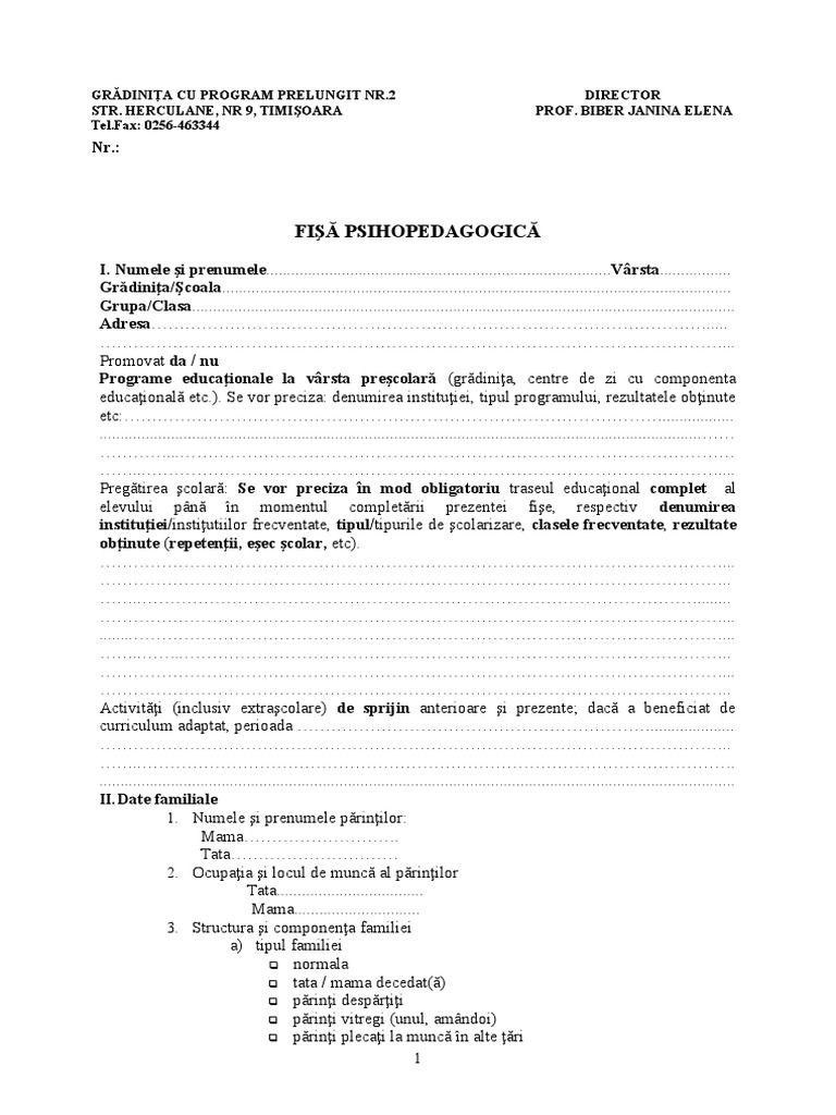 Fisa Psihopedagogica Model | PDF