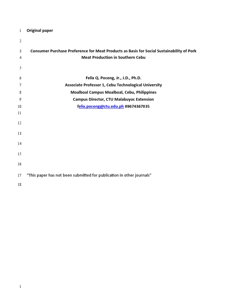 Consumer Purchase Preference For Meat Products As Basis For Social ...