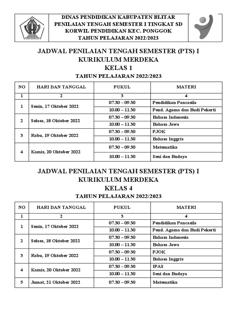 Jadwal PTS I 2022-2023 (Korwil Ponggok) | PDF