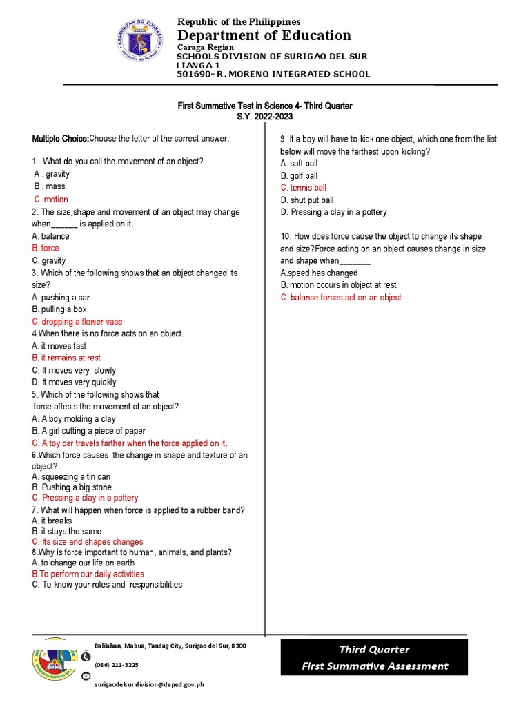Grade 1 Science Summative Test & Key | PDF | Force