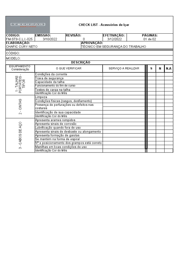 FM-ST9-C.L.I.-025 - Check List Acessorios de Içar | PDF