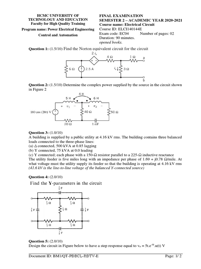Electrical Circuit Final Exam 2021 | PDF | Electrical Network ...