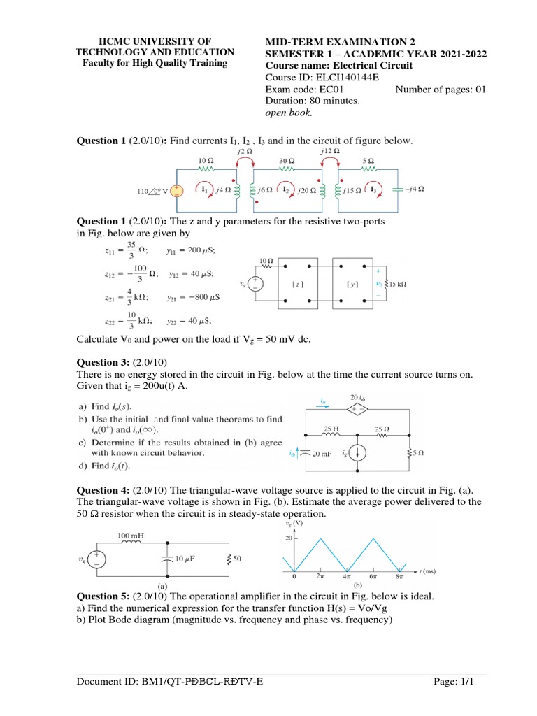 Mid-Term Examination on Electrical Circuit Theory Covering Current, Voltage, Power and Transfer ...