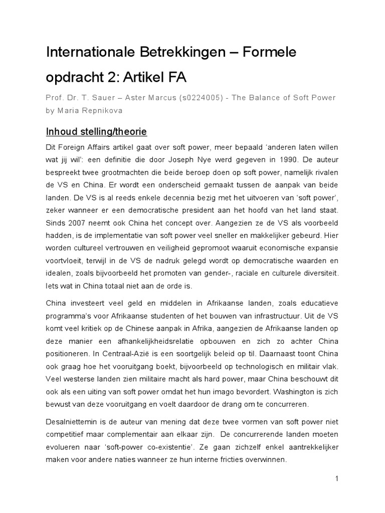Internationale Betrekkingen: Formele Opdracht 2 - Artikel FA | PDF