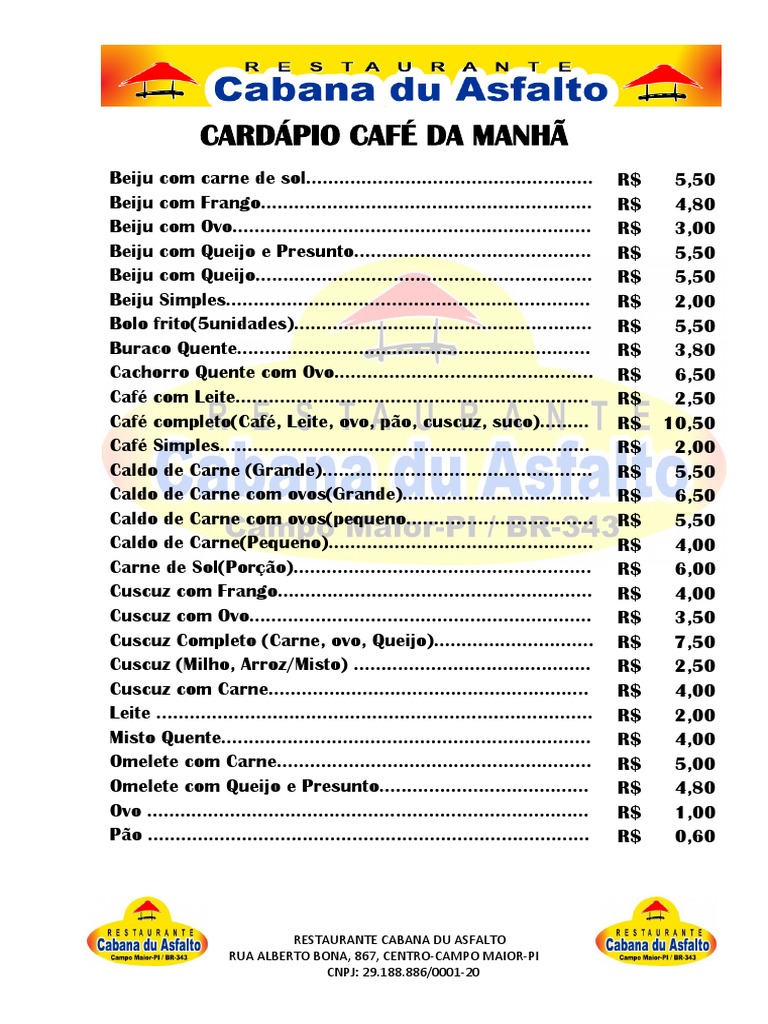 Cardápio de café da manhã com diversas opções de beijus, caldos, cuscuz ...
