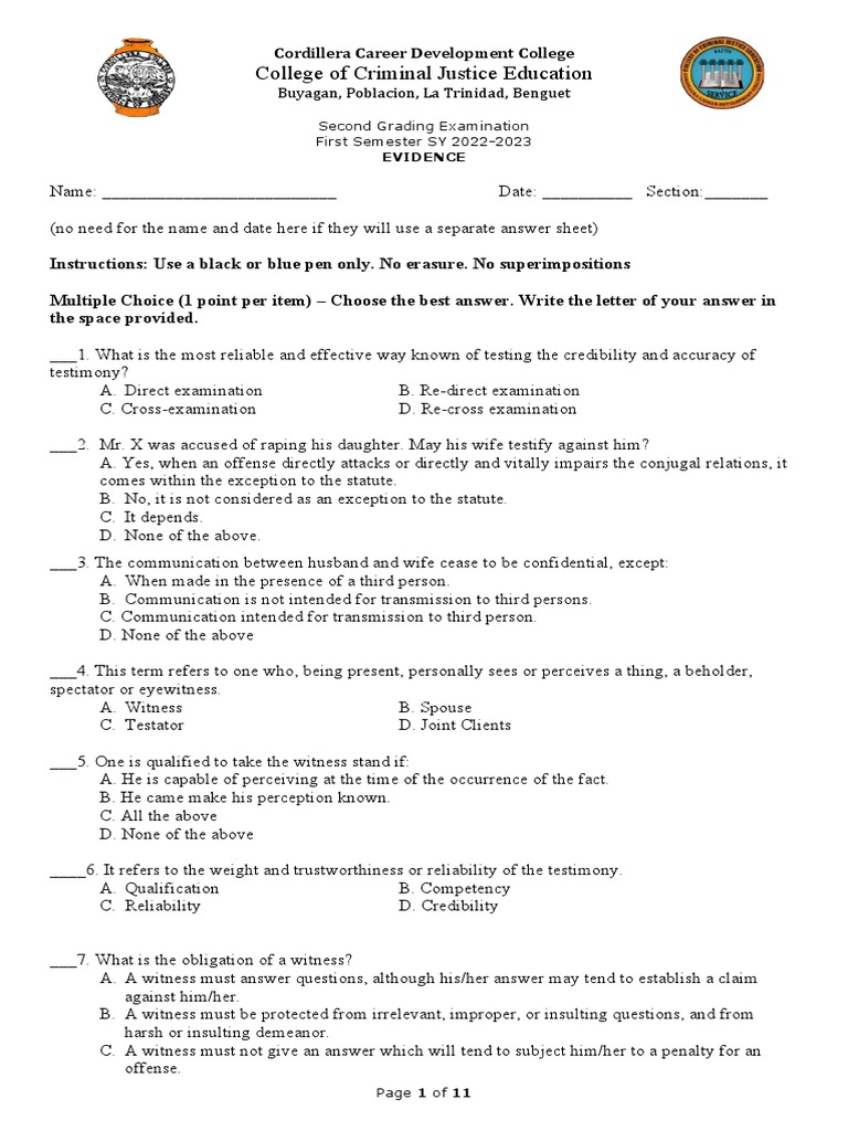 CLJ6-Evidence Final-Exam | PDF | Witness | Testimony