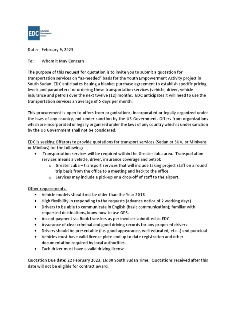 RFQ No. 2023-001 For Transportation Services Final | PDF