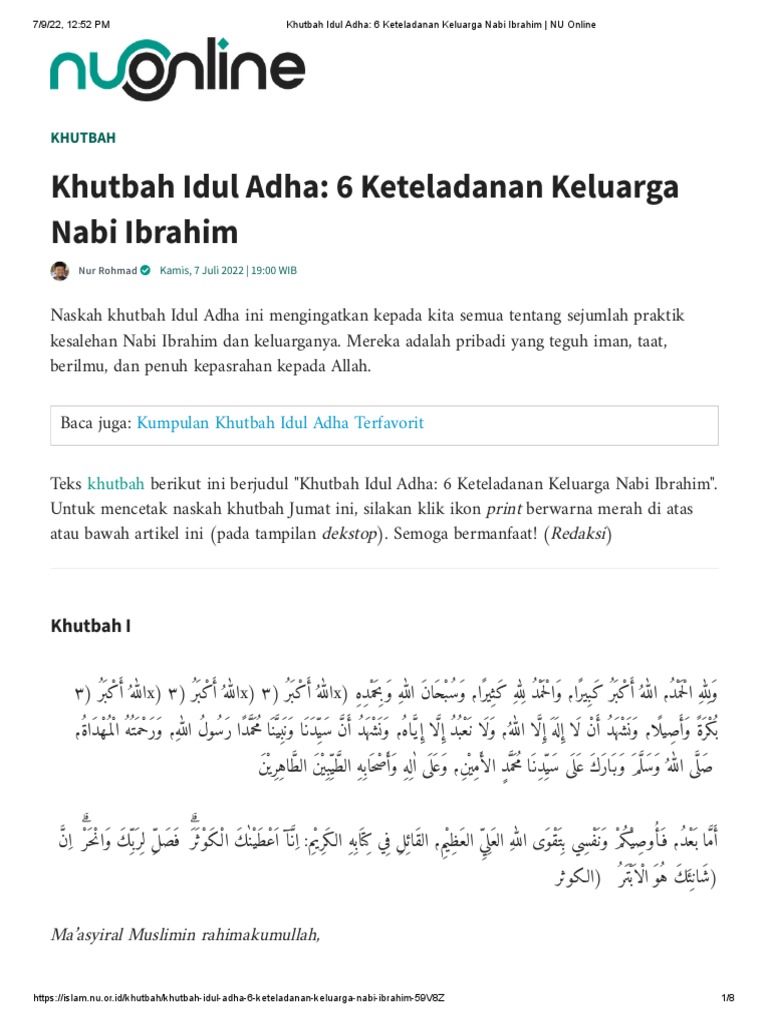 Khutbah Idul Adha - 6 Keteladanan Keluarga Nabi Ibrahim | PDF