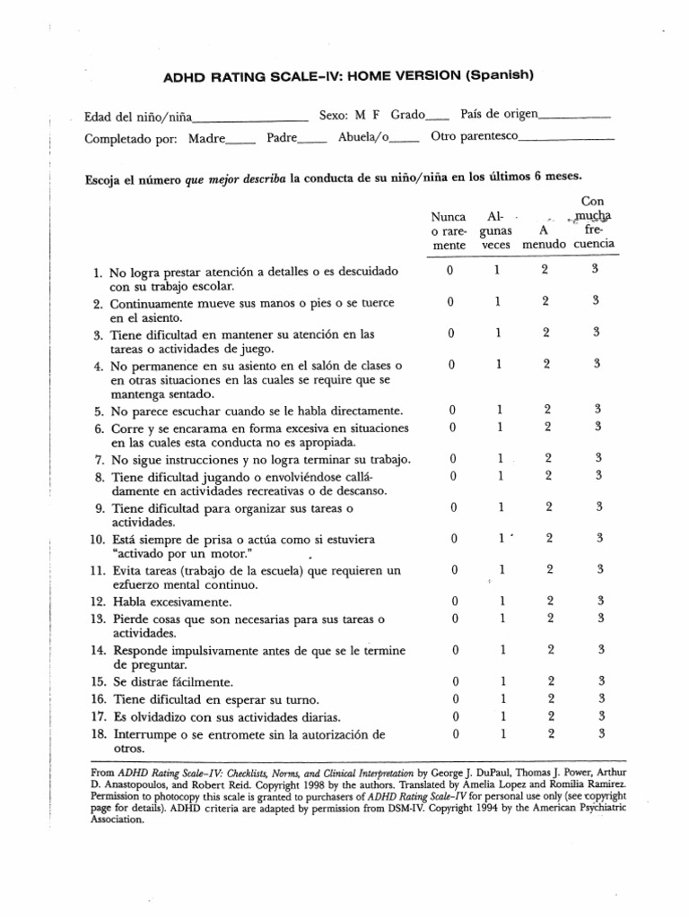 ADHD Rating Scale IV Home Version Spanish | PDF