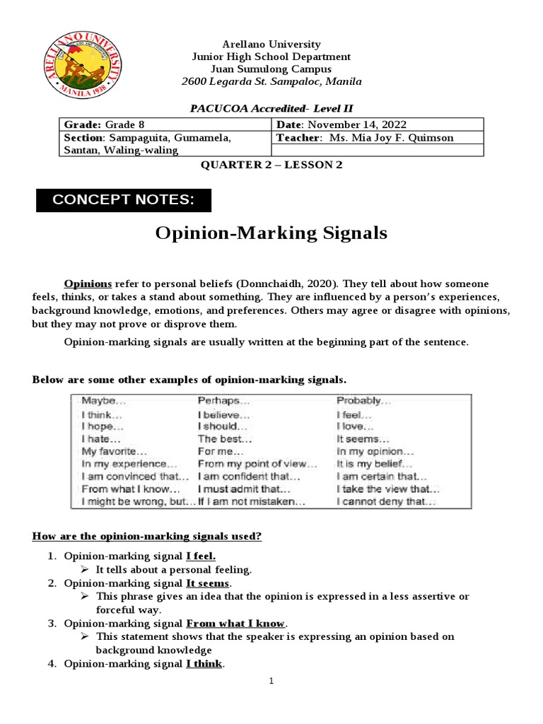 Eng8 Opinion Marking Signals Concept Notes PDF - Io | PDF | Experience ...