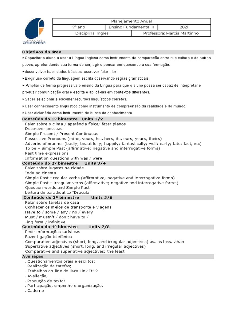 Ingles 7o Ano Planejamento - 21 | PDF Ingles 7o Ano Planejamento - 21 | PDF