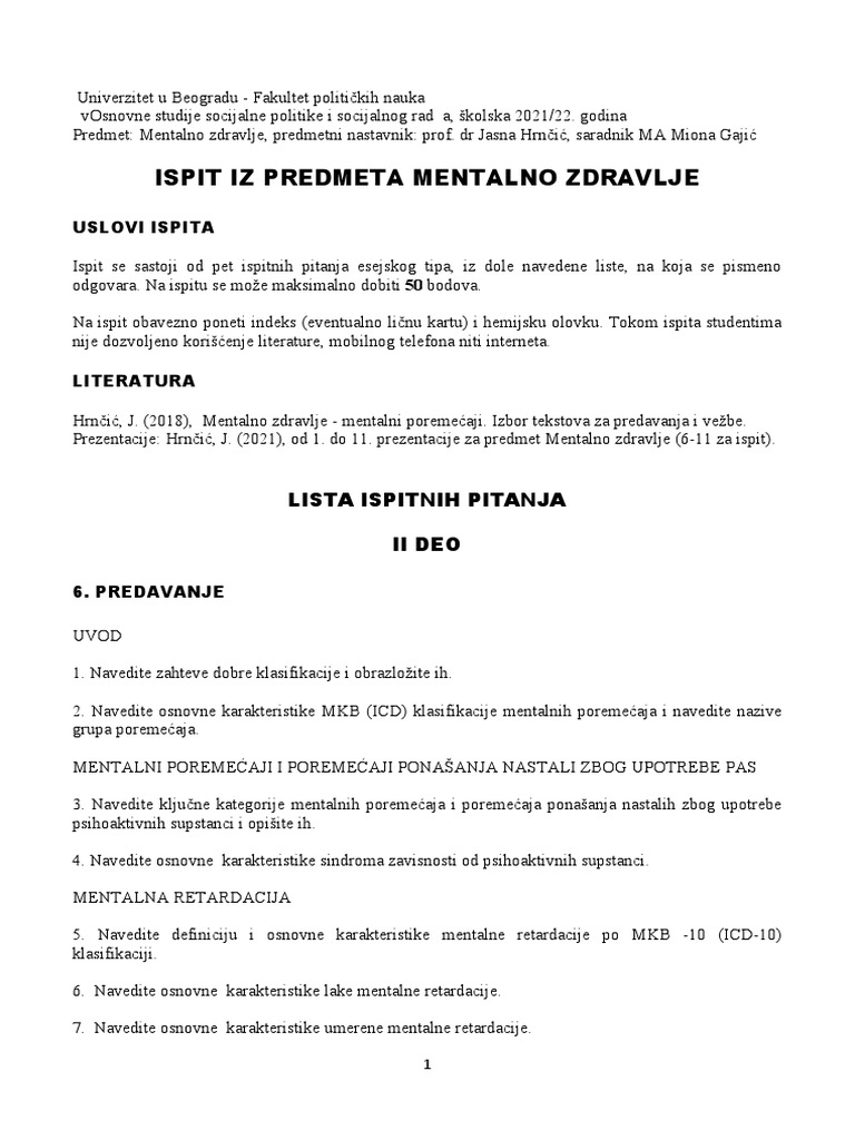 Mentalno Zdravlje Ispitna Pitanja Skripta | PDF