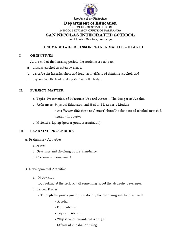 Semi-Detailed MAPEH 8 Lesson Plan: Alcohol | PDF | Wellness