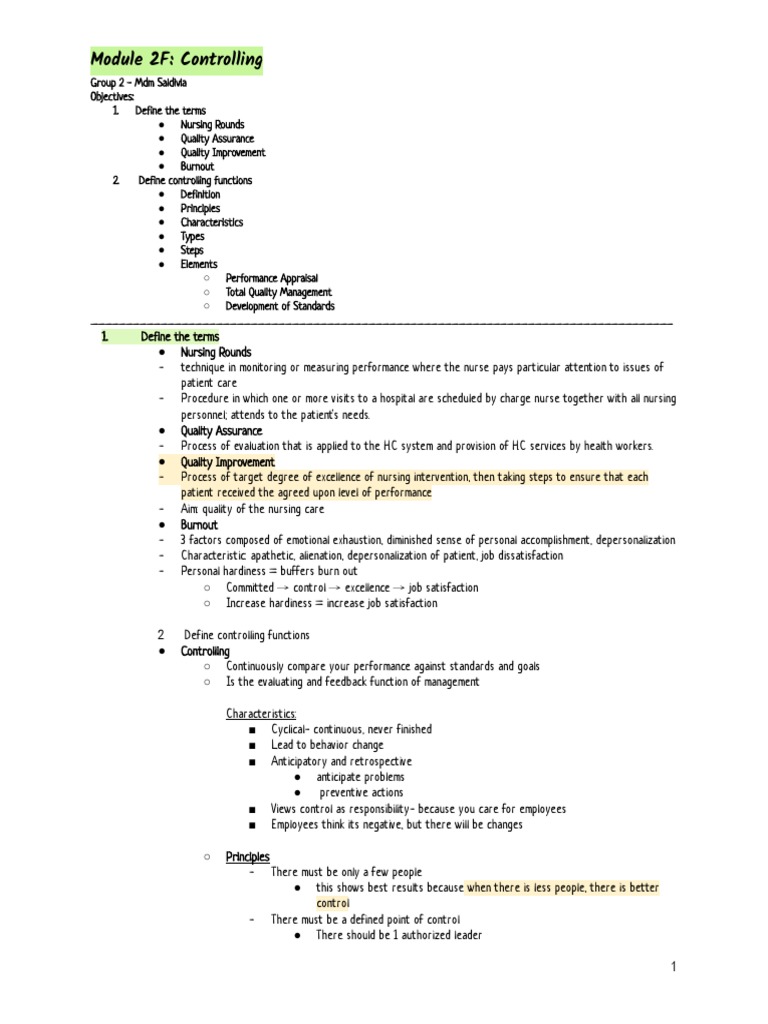 NCM 107 Module 2F: Controlling (Compiled Notes) | PDF | Performance ...