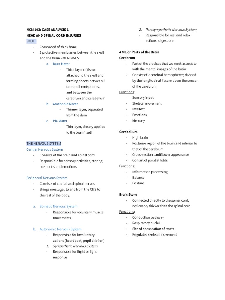 NCM 103 Case Analysis 1 (Ms. Perez) | PDF | Central Nervous System | Nervous System