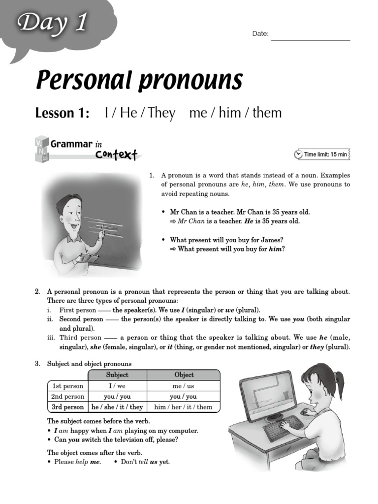 Personal Pronouns: Lesson 1: I / He / They Me / Him / Them | PDF ...