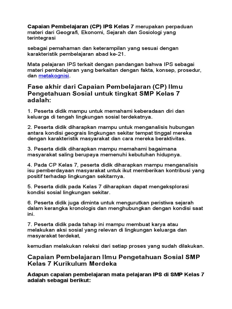 Capaian Pembelajaran IPS Kelas 7 SMP | PDF | Sejarah