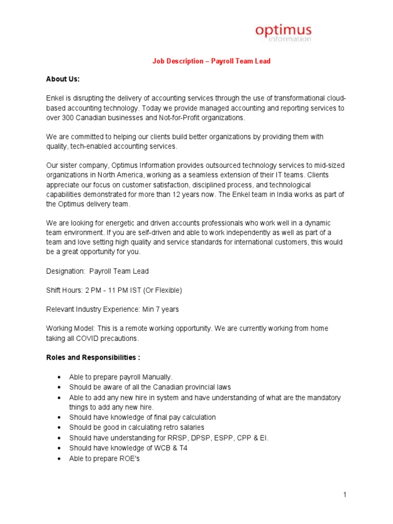 Payroll Team Lead Job Description | PDF | Payroll | Business