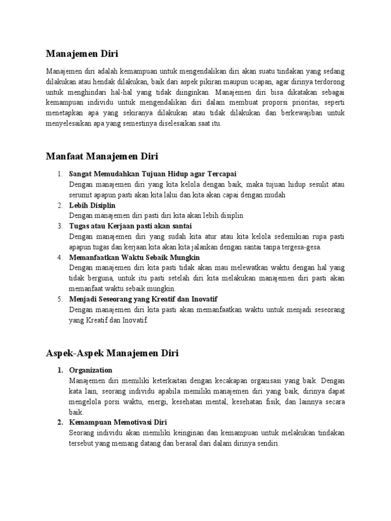 Manajemen Diri (Putri Paula Riani Wijaya-2020.310.026) | PDF