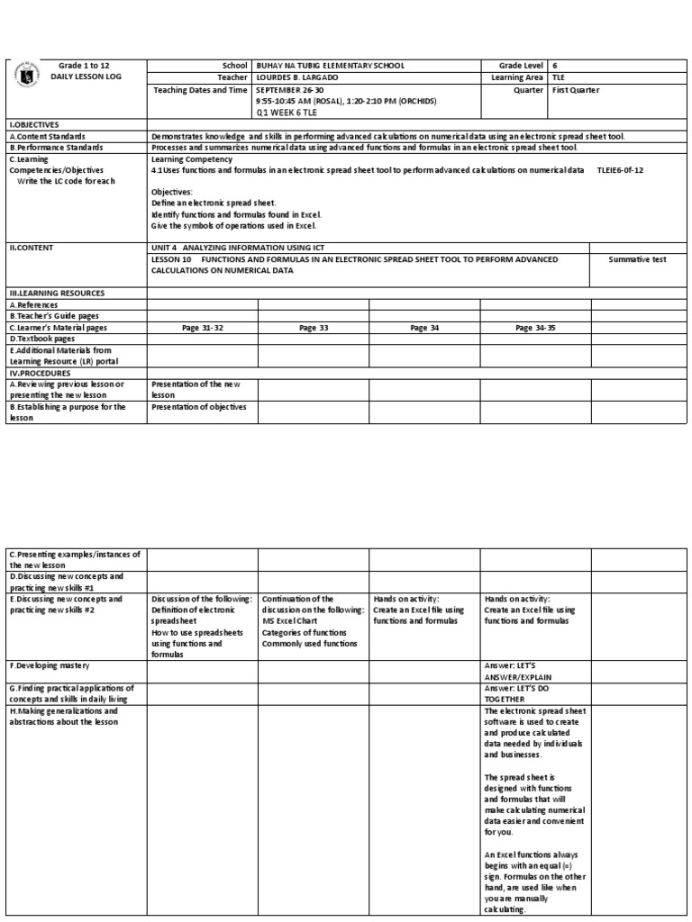 DLL Tle Ict Week 6 Q1 G6 | PDF | Spreadsheet | Learning